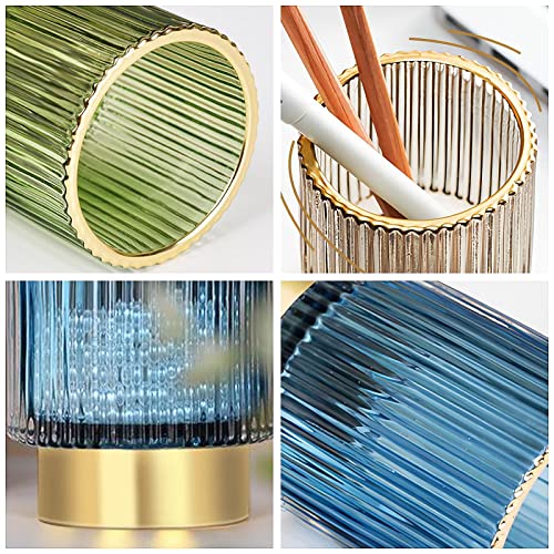 DASITON Makeup Brush holder Organizer,Crystal Cosmetic Makeup Brush Glass Brushes Storage Holder, Vintage Make Up Brush Cup Pen Pencil Holder striped vase(Green S+L