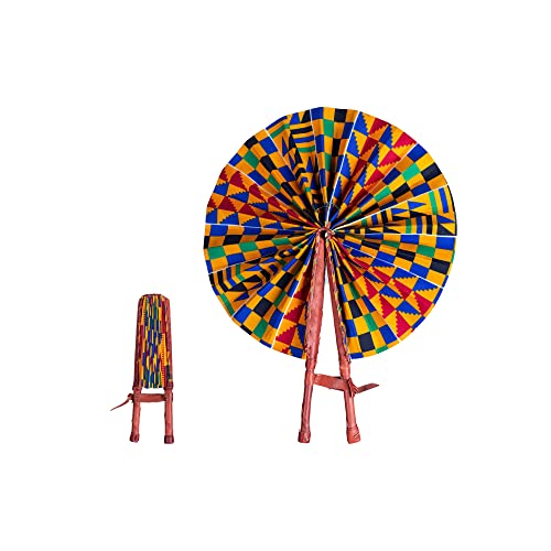 Handmade In Ghana Ankara African Kente Print Handheld Bolgatanga Folding Fan Leather Handles, African Fabric Folding Fan Handheld (Kente 3)