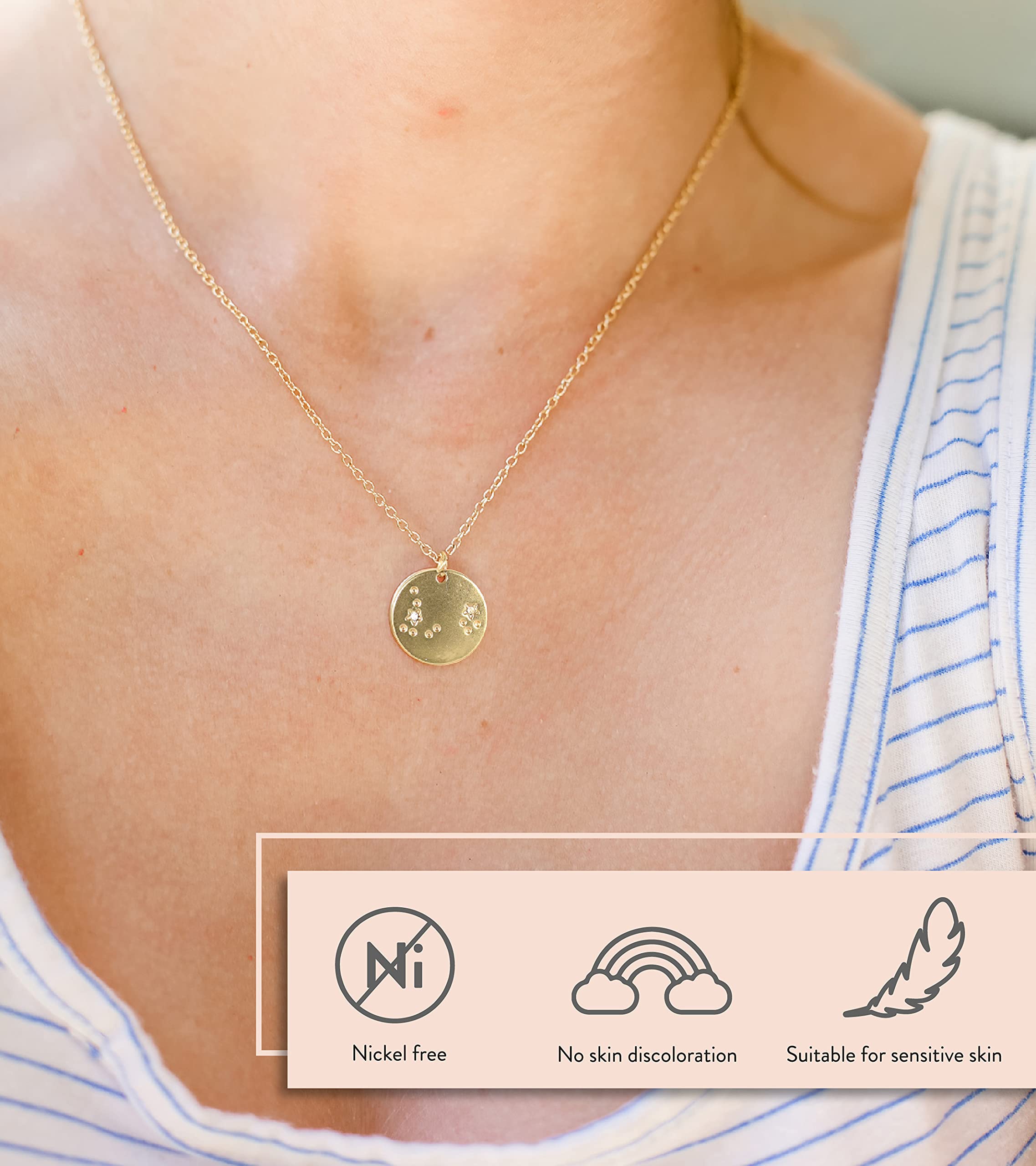 Lucky Feather Pisces Zodiac Sign Constellation Pendant Necklace for Women, 14K Gold-Dipped with Adjustable 16” – 18” Chain
