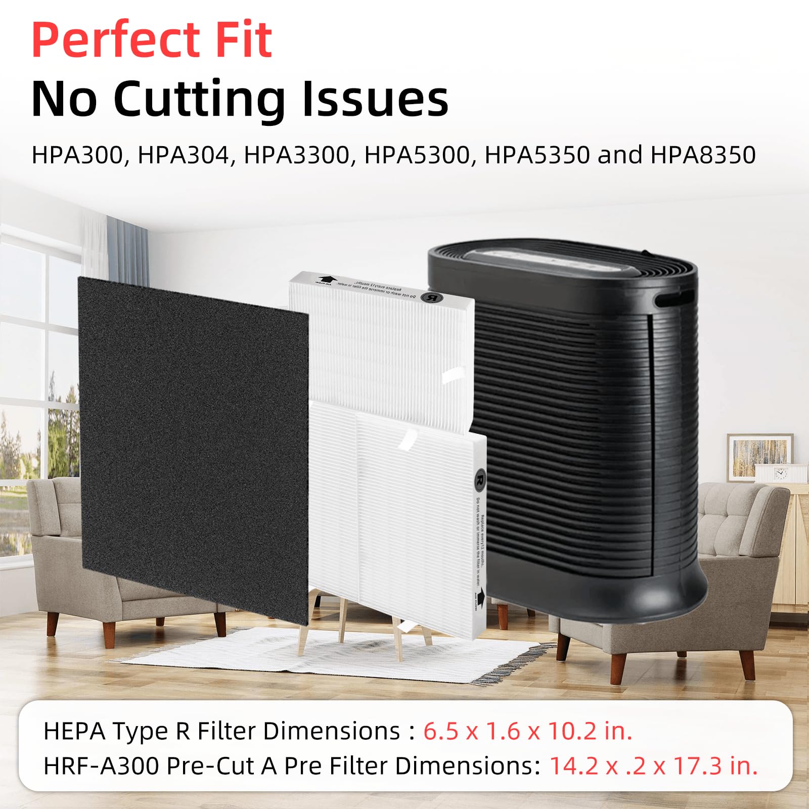 HPA300 HEPA Filter Replacement for Honeywell Air Purifier 6 HEPA R Filters and 8 Pre-cut A Carbon Pre-filter