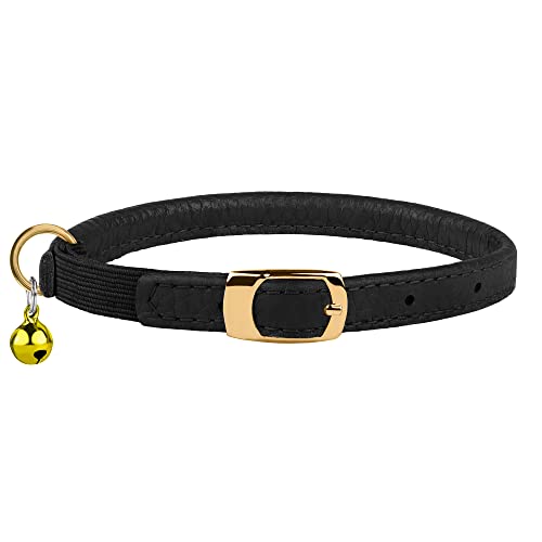 Murom Rolled Leather Cat Collar with Elastic Strap Safety Adjustable Pet Collars for Cats Kitten Yellow Red Pink Blue Orange Brown Gray (Black)