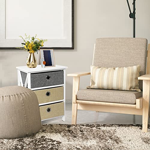 ECOMEX Nightstand Set of 2, Nightstand with 3 Drawers, Small Nightstand with Storage Drawers, Bedside Table with Fabric Bins, Wood Frame, Easy Assembly, White