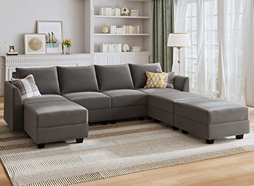 HONBAY Modular Sectional Sofa Velvet U Shaped Couch with Ottomans Convertible Sectional Couch 7 Seater Sofa with Storage Seat, Grey