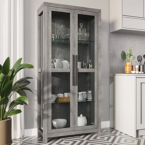 BELLEZE Storage Cabinet, Tall Bookshelf or Display Cabinet for Living Room Bedroom, Curio Cabinet with Tempered Glass Doors, Trophy Display Case, Storage/Organization - Avalon (Gray Wash)