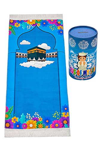 Muslim Prayer Rug for Small Size with Moneybox & Prayer Beads | Janamaz | Sajadah | Soft Islamic Prayer Rug | Islamic Gifts | Small Size Prayer Carpet Mat, Blue/Mod 2