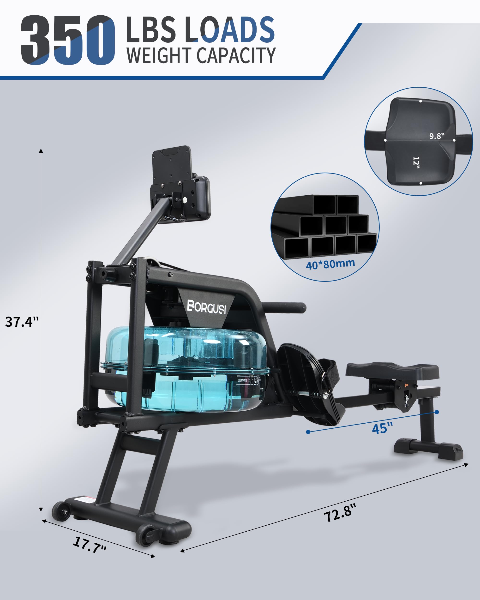 BORGUSI Water Rowing Machine Indoor Exercise Rower with LCD Monitor, Tablet Holder and Comfortable Seat Cushion, Max 350 lbs Weight Capacity for Home Use