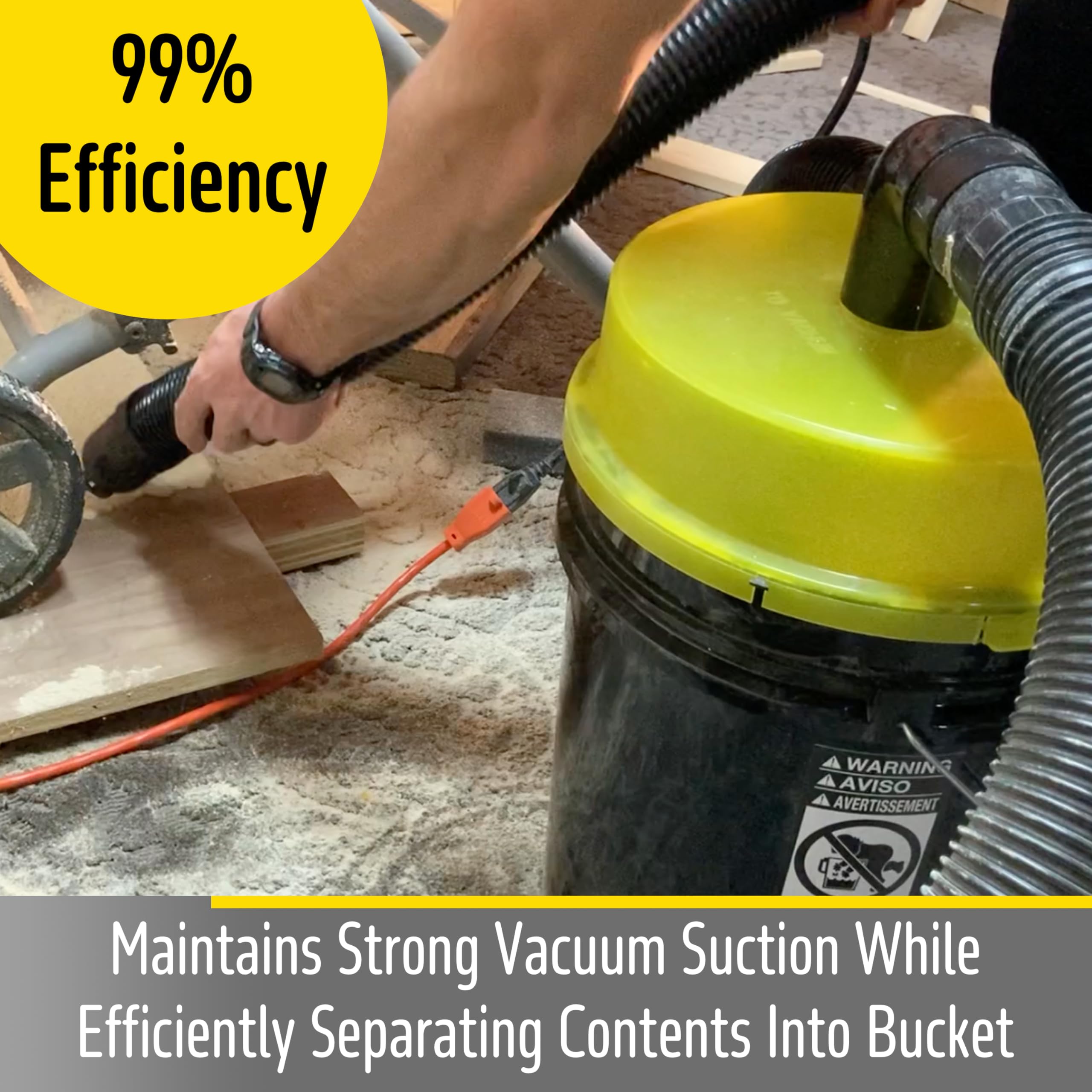 Delmar Tools Patent Pending Shop Vacuum Dust Separator, 99% Separating Efficiency, Included 90° Adapter and Hose Unlike Competitor Versions, Attaches to 5 Gallon Buckets in Seconds, Maximum Suction