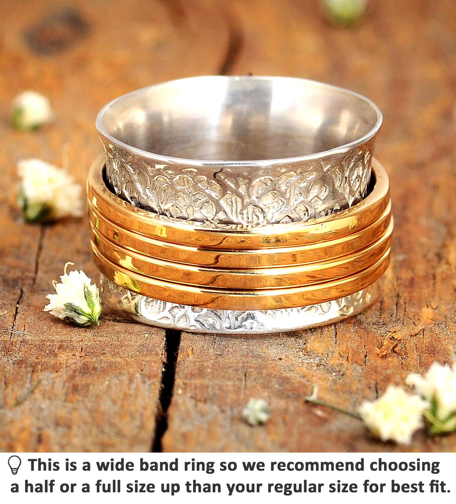Boho-Magic 925 Sterling Silver Spinner Ring for Women with 4 Brass Fidget Rings Chunky Wide Band (7)