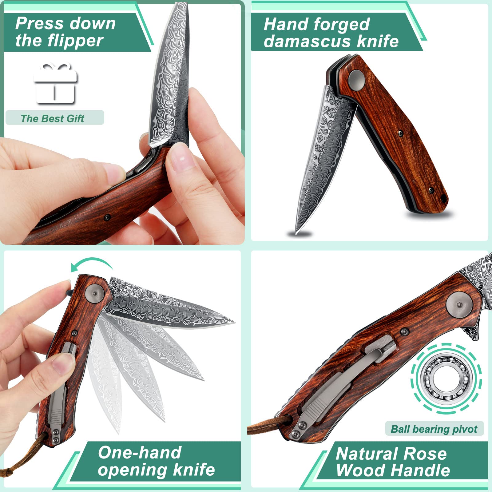 Benkey Damascus Folding Knife with Clip Leather Sheath Camping Knife EDC, Sharp Damascus Pocket Knife Handmade with Liner Lock and Wood Handle for Outdoor Survival Hunting Collection