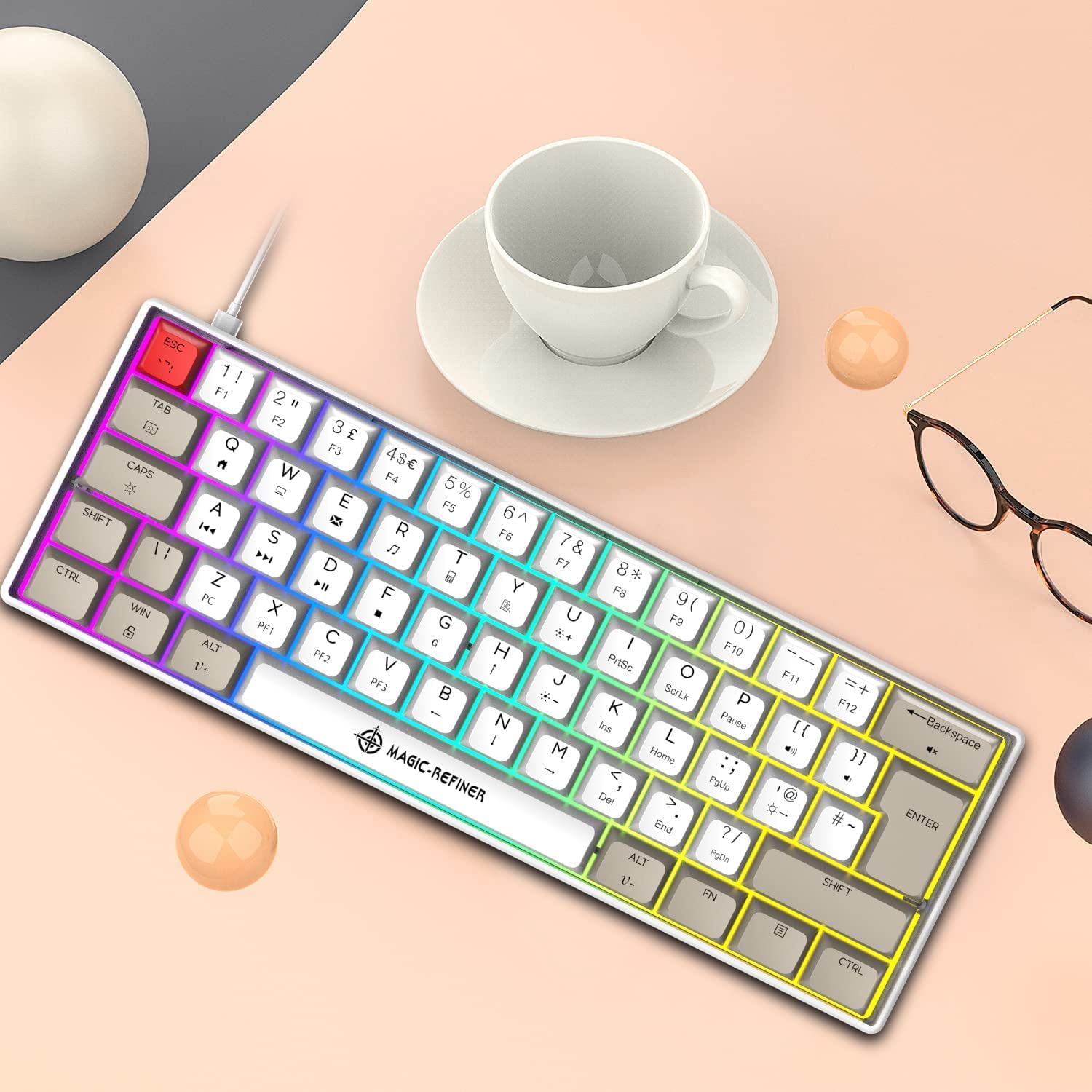 Mini Mechanical Gaming Keyboard Type-c Wired with PBT Dye-subbed Keycaps Rainbow RGB Backlit 60%Layout Full Anti-Ghosting 62 Key Ergonomic for Typist Laptop PC Mac Gamer (White Main/Blue Switch)