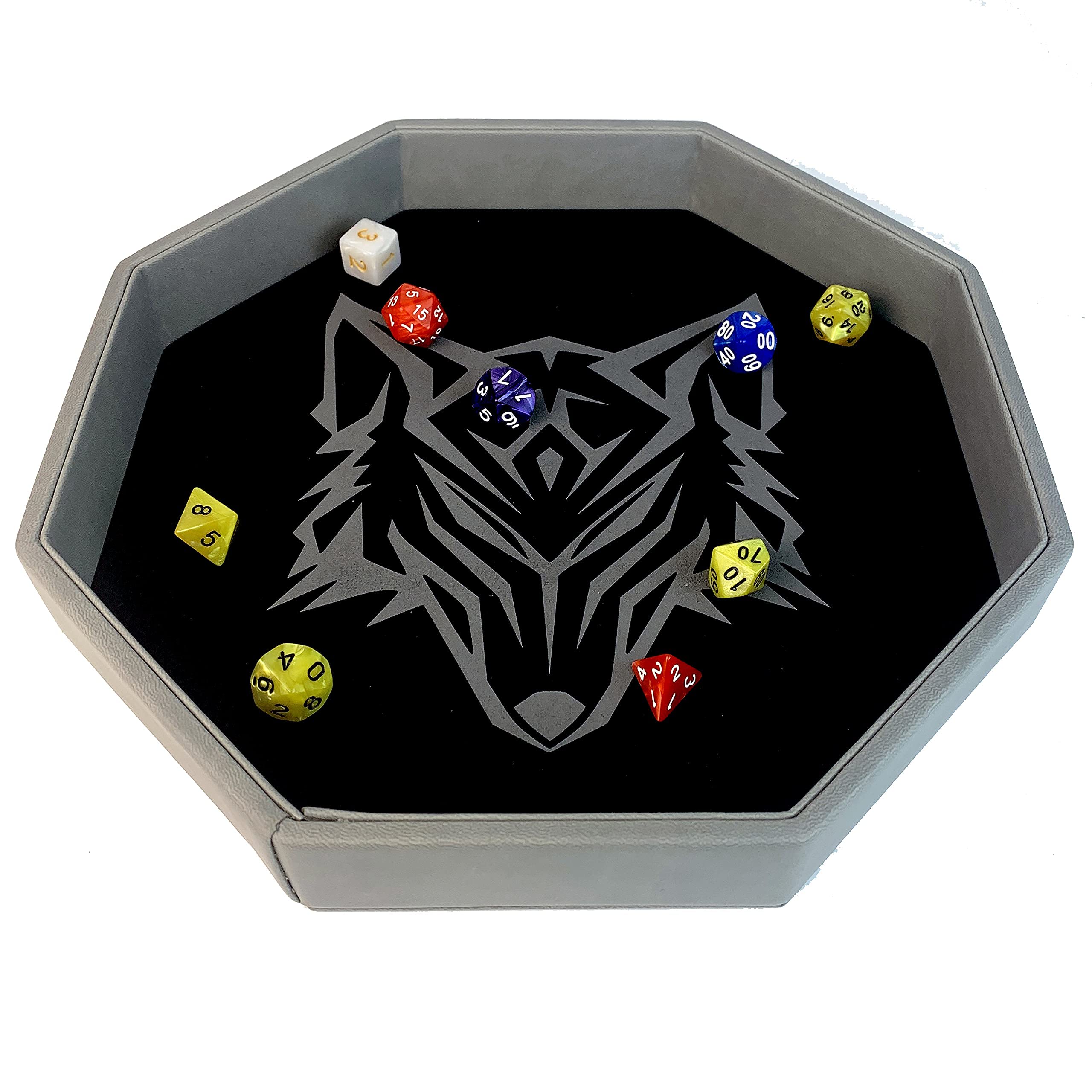 Luck Lab 11.5 Inch Dice Tray – Black and Grey - Big Octagonal Dice Tray with Luxurious Rolling Area for RPG Table Top Gaming Like D&D - Wolf Design
