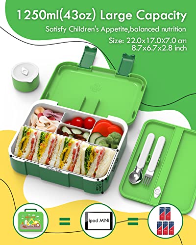 Lehoo Castle Bento Lunch Box for Kids, 1250mL Lunch Box for Boys with 5 Compartments, Kids Lunch Container with Utensil - Included Spoon, Fork, Sauce Jar, Microwave and Dishwasher Safe