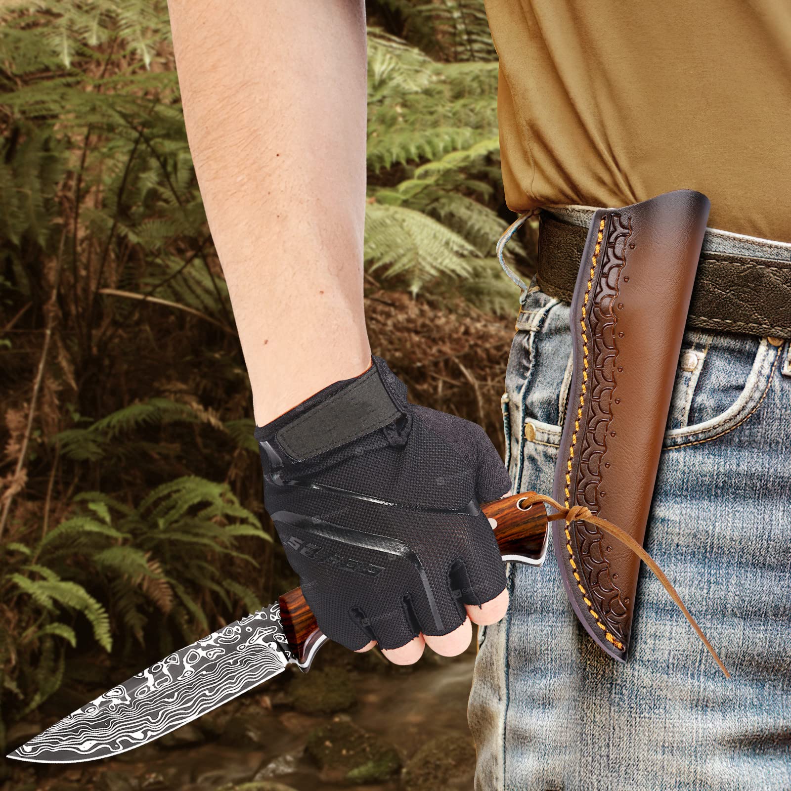 Benkey Fixed Blade Hunting Knife Full Tang with Leather Sheath, Solid & Sharp D2 Blade Outdoor Survival Hunting Knife, Comfortable Natural Wood Handle Camping Knife for Men and Women
