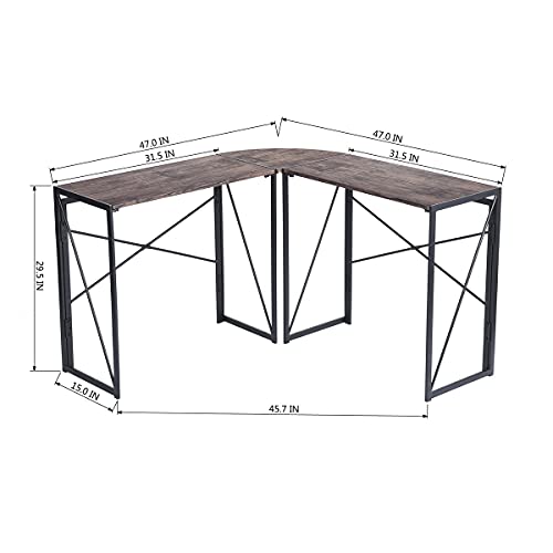 Geniqua 3-Piece L-Shaped Wooden Computer Folding Table Corner Desk Space-Saving Industrial Style PC Laptop Desk for Workstation Home Office