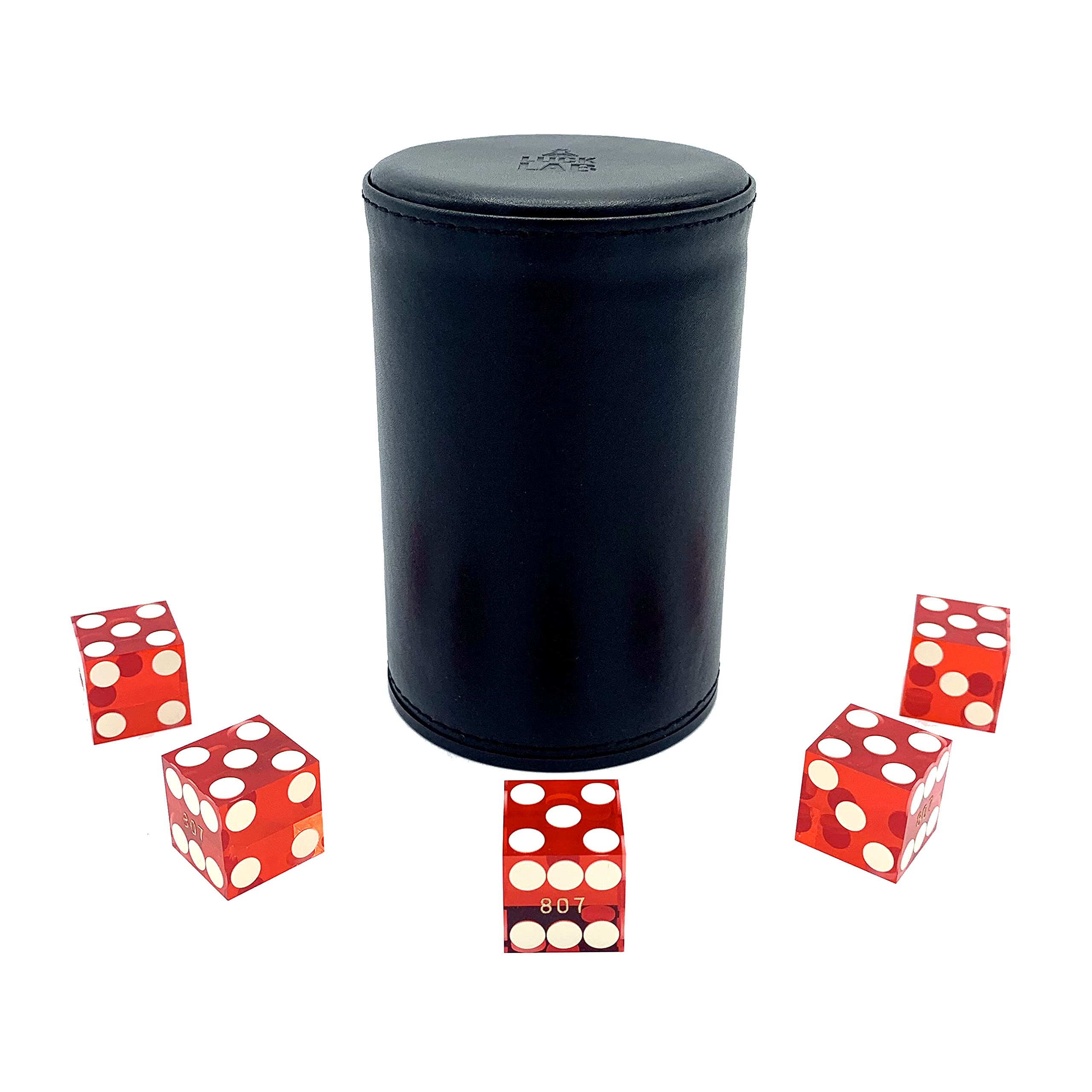Luck Lab Black Leather Dice Stacking Cup with 5 Serialized Razor Edge 19 mm Casino Dice - Pro Straight Cup for Stacking and Magic Tricks (Red Dice)