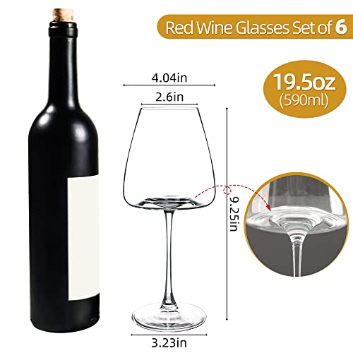 Red Wine Glasses Set of 6, 19.5 oz Durable Wine Glasses, Large Long Stem Wine Glasses with Unique Concave Bowl Base for Wine Tasting, Holiday and Home - Clear Glass