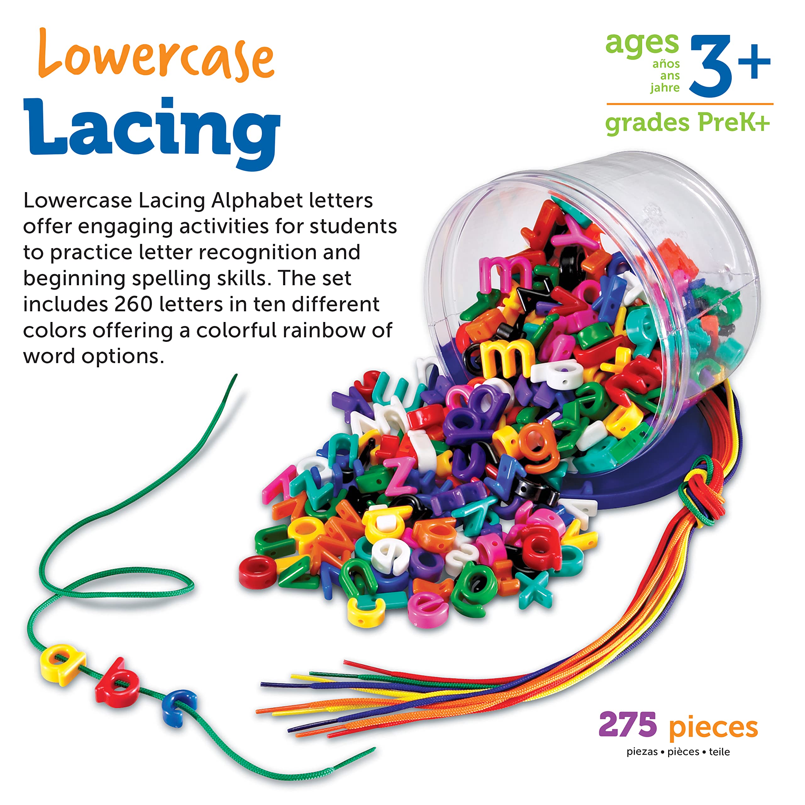 Learning Resources Lowercase Lacing Letters - 275 Pieces, Ages 3+, Toddler Alphabet Learning Toys, Letter Beads for Kids, Homeschool Supplies, Alphabet Beads, Early Spelling,Back to School Supplies