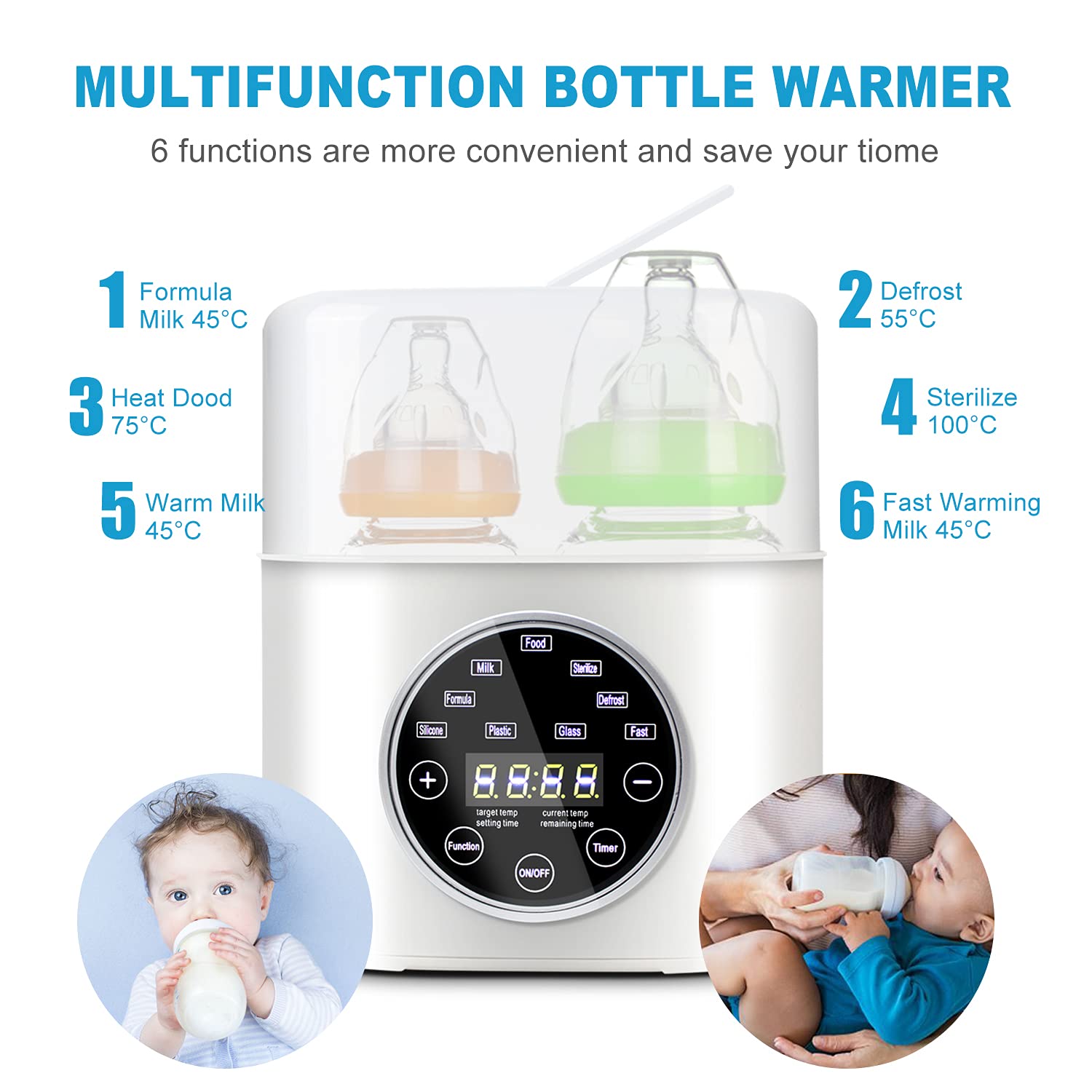 Bottle Warmer, CREPOW Fast Baby Bottle Warmer and Bottle 6-in-1 Fast Food Heater Defrost Warmer for Baby Milk Breastmilk Formula with LED Display Thermostat Timer Function