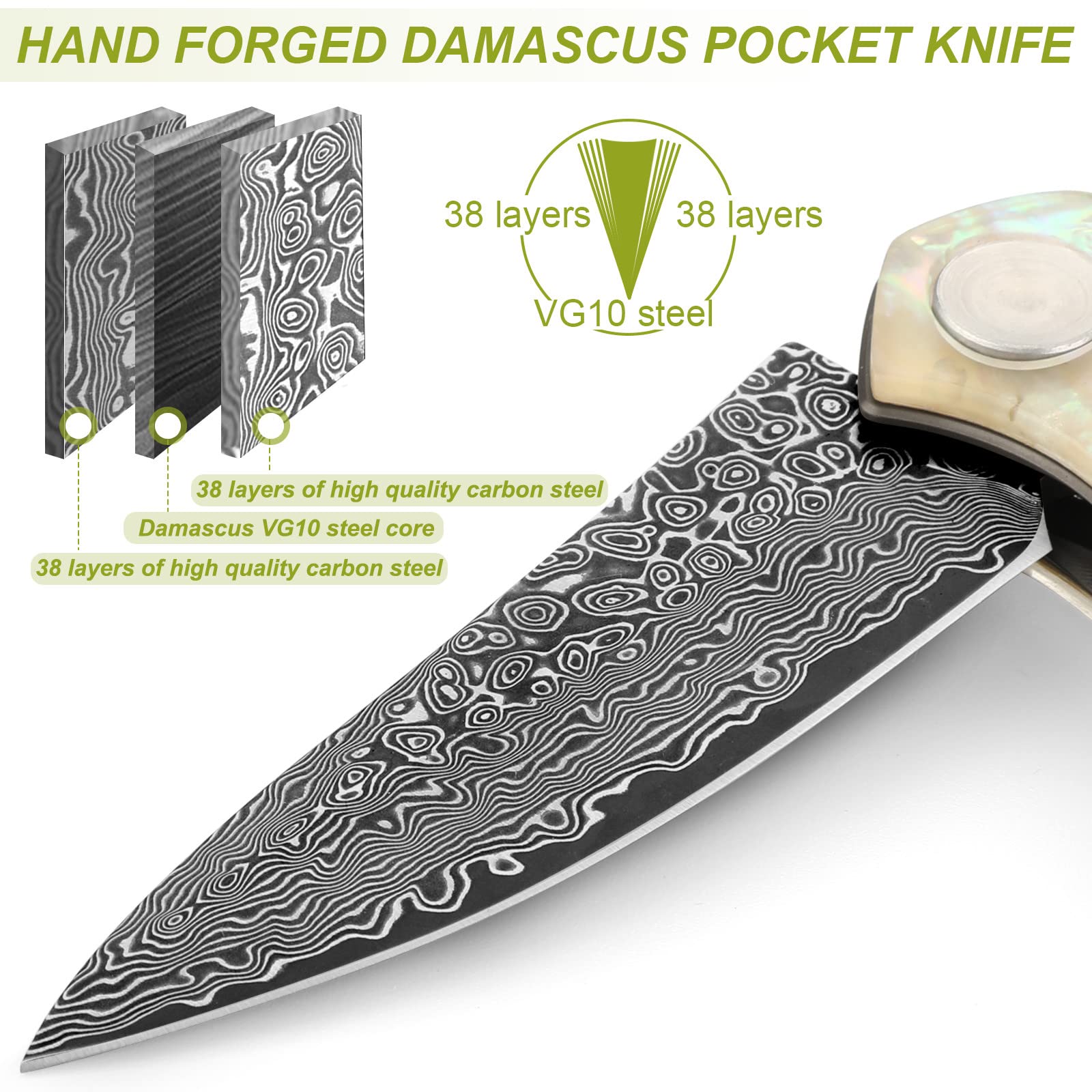 Benkey VG10 Damascus Natural Abalone Seashells Pocket Knife with Clip Leather Sheath and Fixed Blade Hunting Knife Bundles