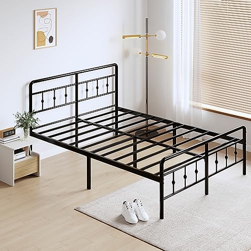DiaOutro Classic Metal Platform Queen Bed Frame with Headboard and Footboard, 16 Inch No Box Spring Needed Heavy Duty Victorian Style Iron-Art Mattress Foundation/Under Bed Storage