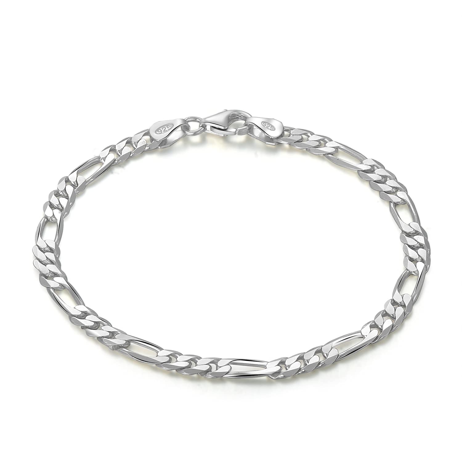 BORUO Sterling Silver 4mm Diamond-Cut Figaro Chain Charm Bracelet for Women Men-6.5 Inch