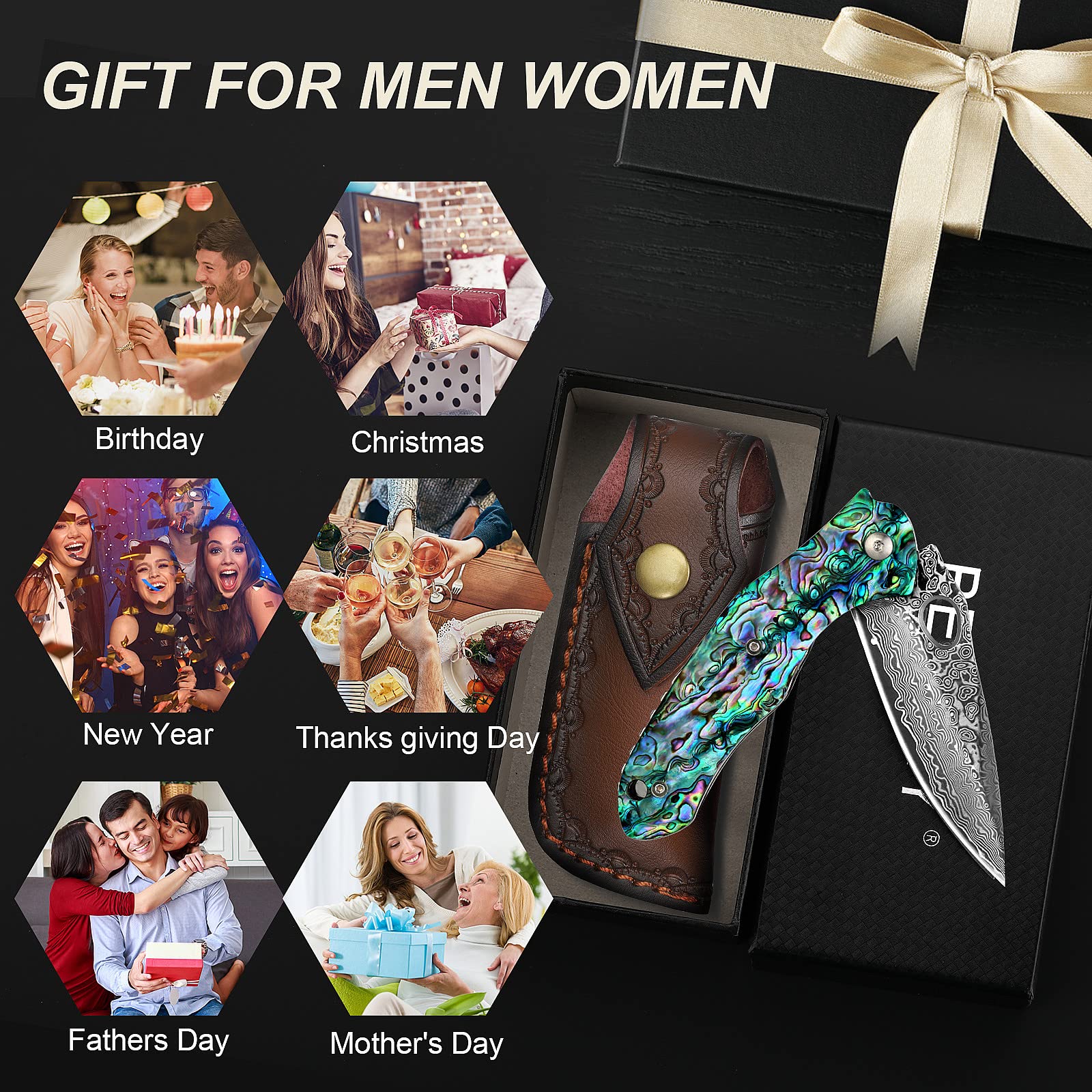 Benkey VG10 Damascus Natural Abalone Seashells Pocket Knife with Clip Leather Sheath and Fixed Blade Hunting Knife Bundles