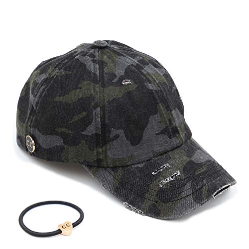 C.C Washed Denim Criss-Cross Ponytail Cap Epoxy Button for face mask (Face Mask not Included) (BT-799) (Black Camo)