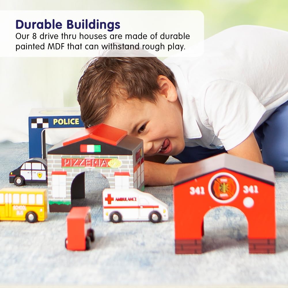 Excellerations 5.5 inches H, Wooden Town Block Play Structures, Houses, Set of 7, Preschool Educational Toy, Ages 3 Years and Up
