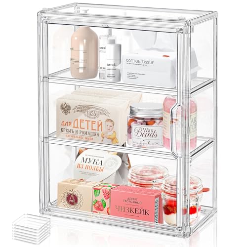 DILIBRA Plastic Wall Mount Organizer, Mountable Acrylic Display Case Storage Bin with Lid, Hanging Basket Storage Boxes Container Bin with Divider for Bathroom Kitchen Pantry Office