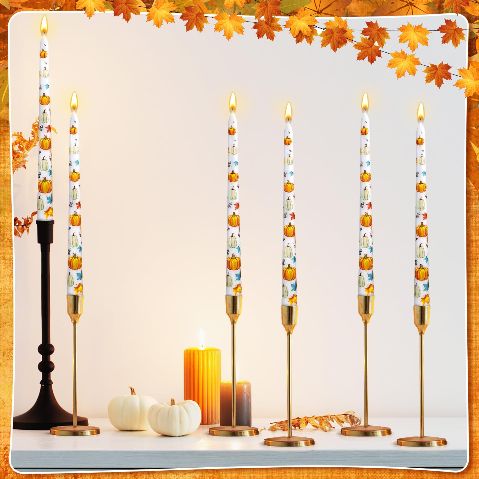 Conelist 6 Pcs Fall Taper Candles 10" Pumpkin Leaves Decorative Holiday Taper Candles Thanksgiving Candles Decorations Autumn Tall Candlesticks for Dinner Table Home Fall Thanksgiving Party Decor