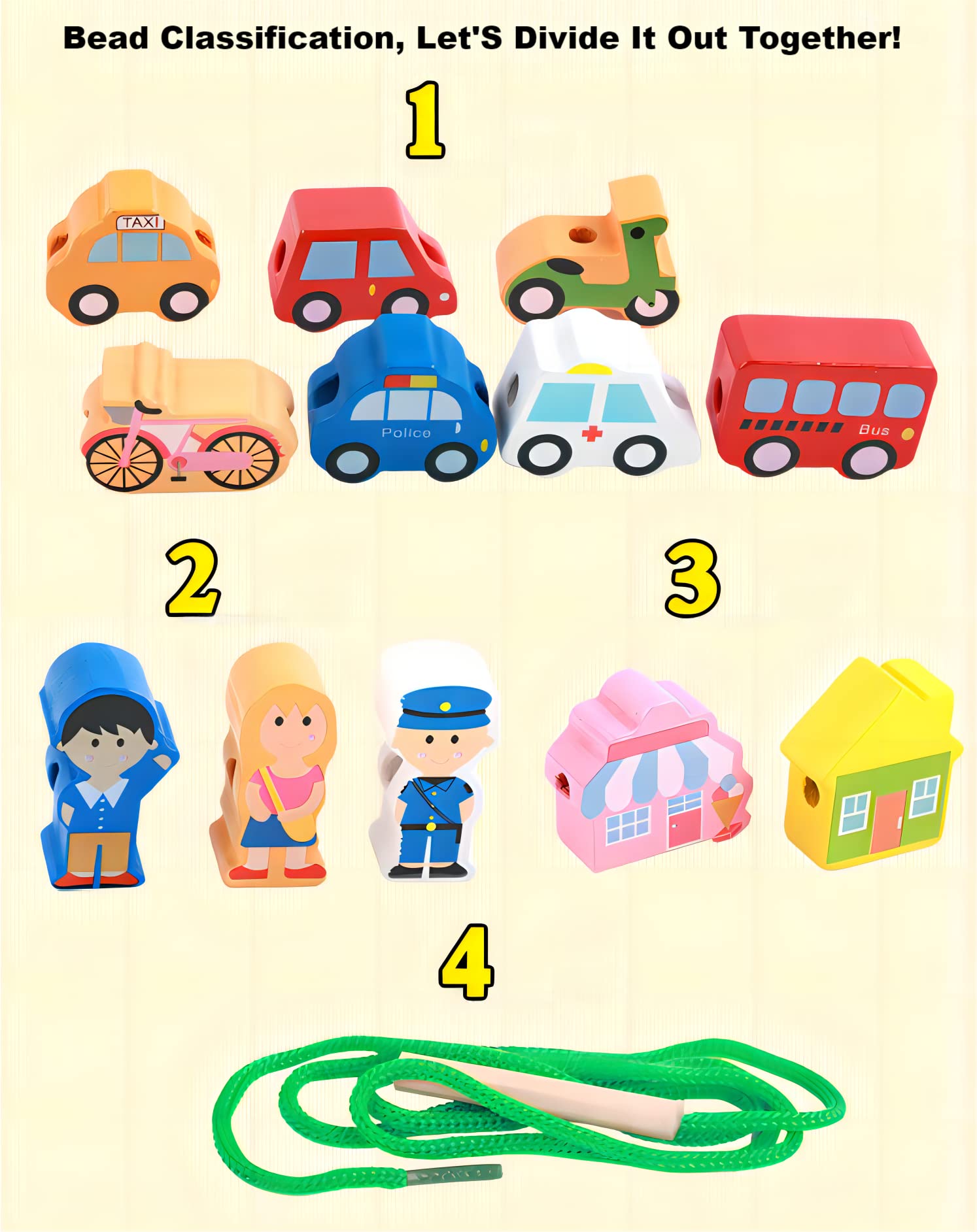 KanCai Wooden City Figures and Cars Lacing & Stringing Beads Toys Over 3 4 5 Year Old Kids Block Set Toy