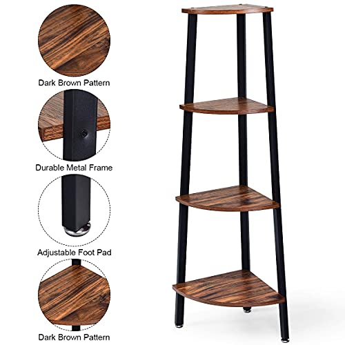 Giantex 4-Tier Corner Shelf Industrial Multipurpose Bookcase, Home or Office Storage Rack, Wood Plant Stand with Metal Frame (Rustic Brown)