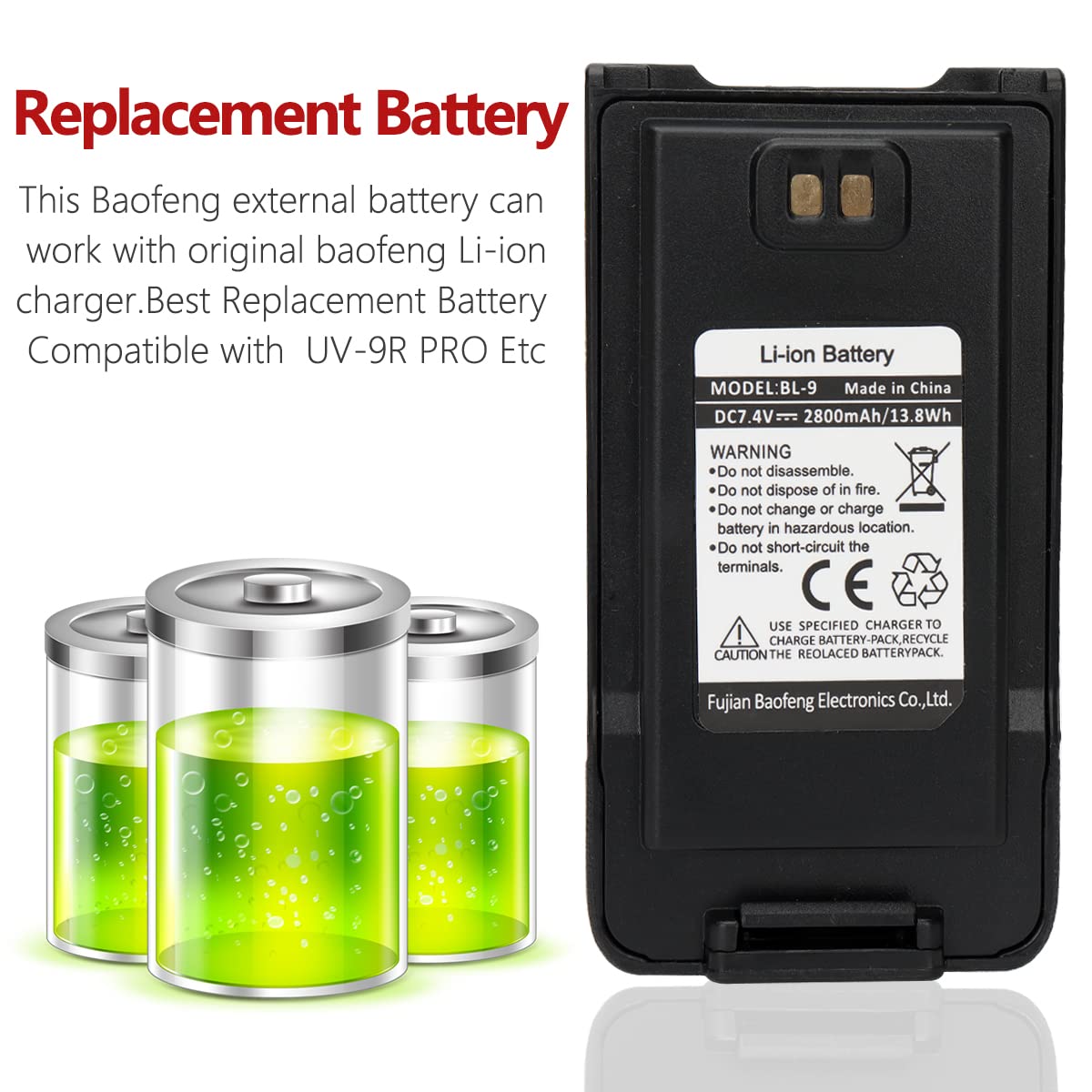 BAOFENG UV-9R Pro Battery BL-9 2800 mAh Li-ion 7.4V Replacement Two-Way Radio Battery for UV-9R Pro GMRS-9R Walkie Talkies