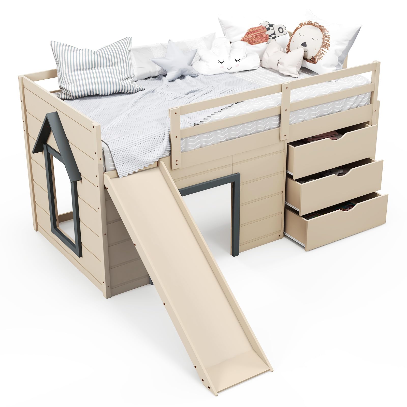 Costzon Twin Low Loft Bed, Multifunctional Loft Bed with Slide, Ladder, 3 Drawers & Under-Bed Play Space, No Box Spring Needed, Wooden Loft Platform Bed Frame with Guardrails for Teens (Beige)