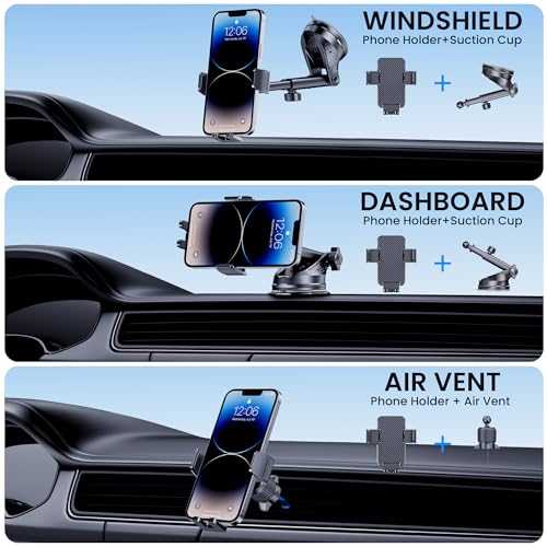 BIVGAZA Phone Holder Car [Military-Grade Suction] Universal Car Phone Holder [Thick Case Friendly] Automobile Accessories Dashboard Air Vent Windshield Phone Mount Fit for iPhone Android Smartphones