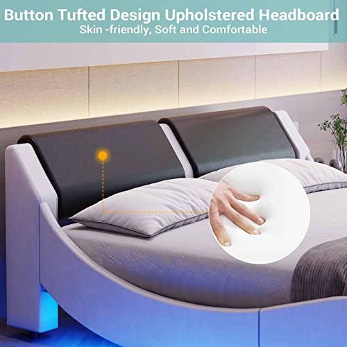 DICTAC Queen LED Bed Frame with Headboard Modern Low Profile Upholstered Platform Bed Frame with LED Lights Queen Size Faux Leather Wave-Like Bed Frame,Strong Wood Slats,Easy Assembly,Black+White