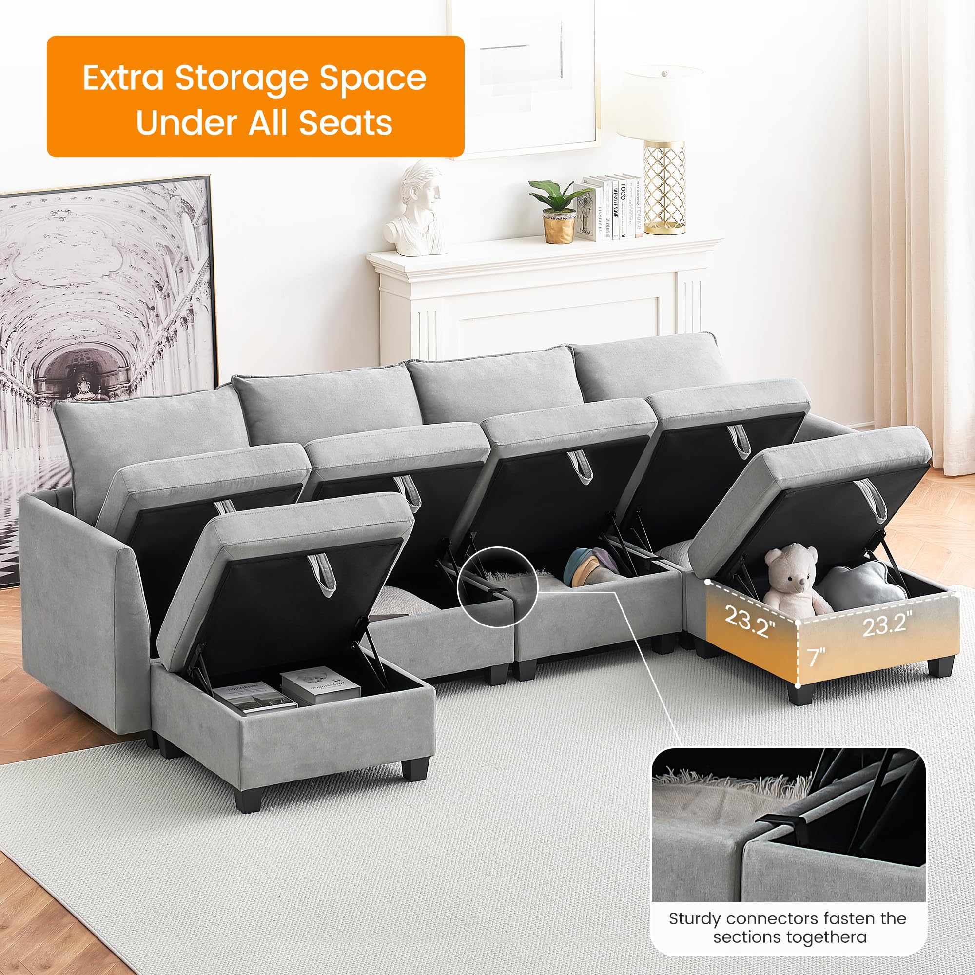 GAOMON 163'' Sectional Sofa with Storage Seats,9 Seat Convertible U Shaped Sofa with Large Reversible Chaise, Linen Fabric Modular Sofa Sectional Couches with Ottomans for Living Room,Grey