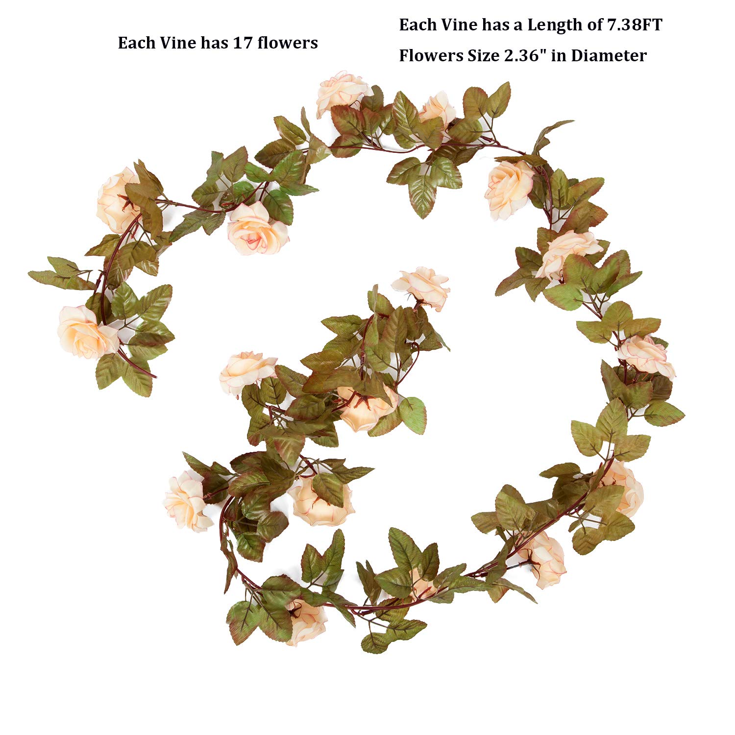 Pauwer 6PCS(44.3FT) Artificial Rose Vine Silk Flower Garland Hanging Fake Roses Flowers Plants for Home Garden Office Hotel Wedding Party Decor, Champagne
