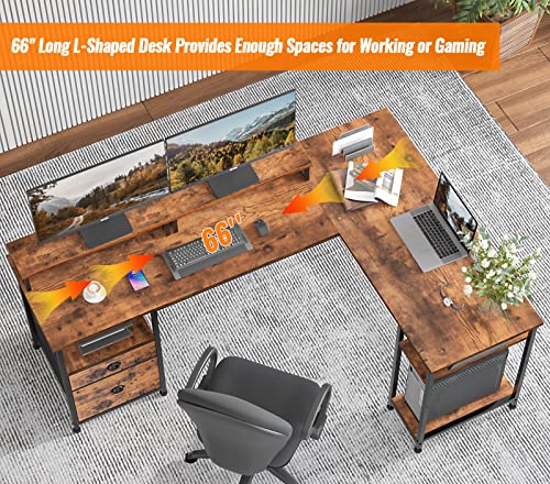 Furologee 66" L Shaped Computer Desk with Shelves, Corner Gaming Desk with File Drawer and Dual Monitor Stand, Large Home Office Desk Writing Study Table Workstation, Rustic Brown