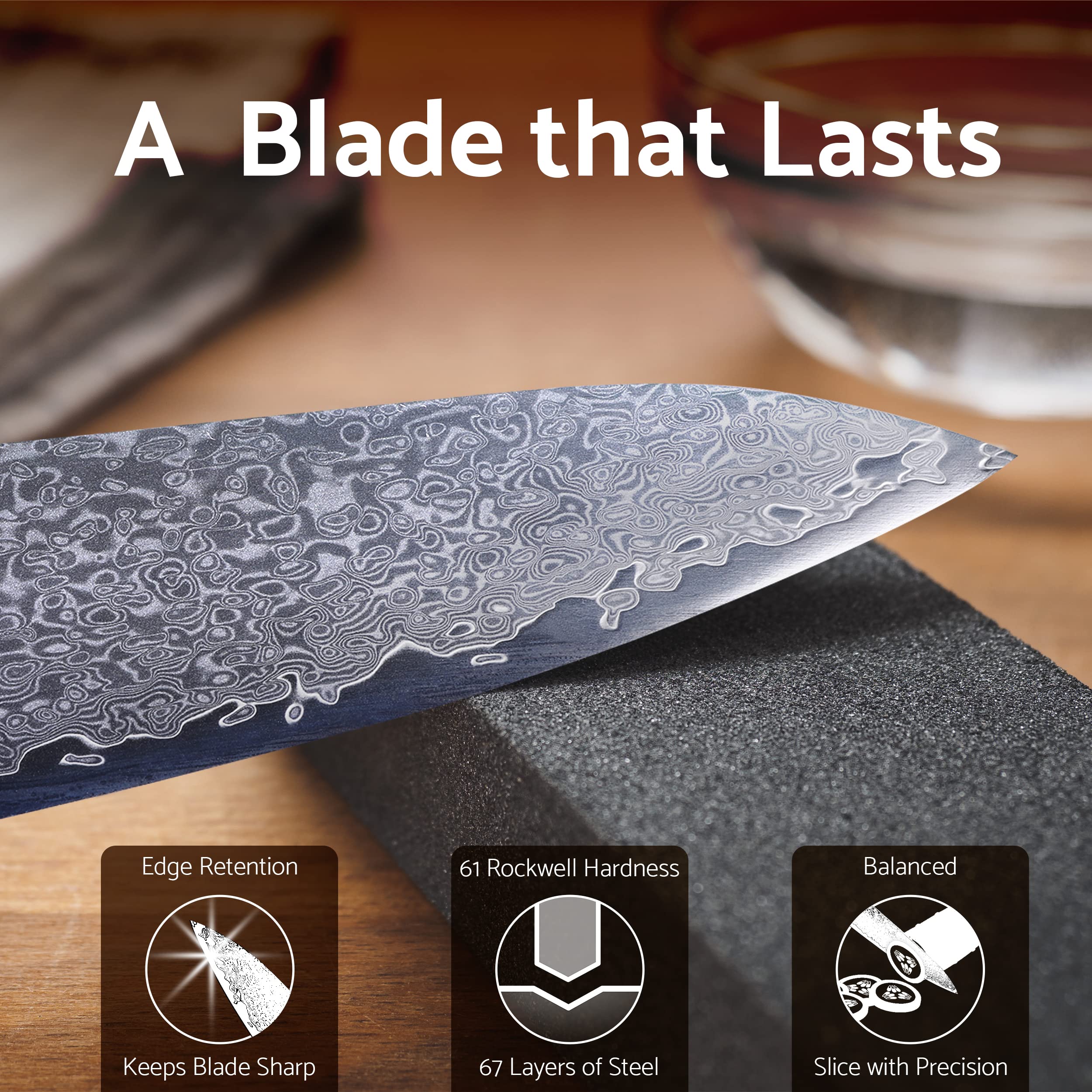 EXCALIBLADES Ultra Sharp 8" Damascus Chef's Knife. High Carbon 67-layers VG10 Stainless Steel Kitchen Knife, Ultra Sharp with Full Tang. Black Turquoise Ergonomic G10 Handle.