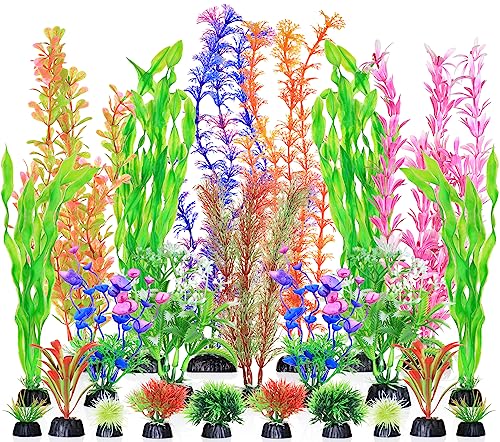 Fishdance Aquarium Plants, Artificial Fish Tank Decorations Decor Plastic Plants Set 23 Pcs