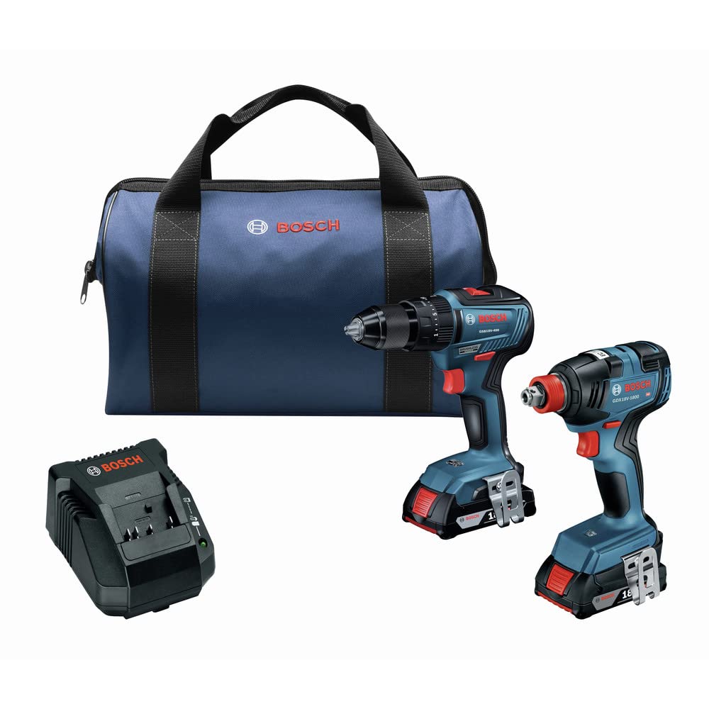 Bosch GXL18V-240B22-RT 18V Brushless Lithium-Ion 1/2 in. Hammer Drill Driver and 1/4 in. and 1/2 in. 2-in-1 Bit/Socket Impact Driver Combo Kit with 2 Batteries (2 Ah) (Renewed)