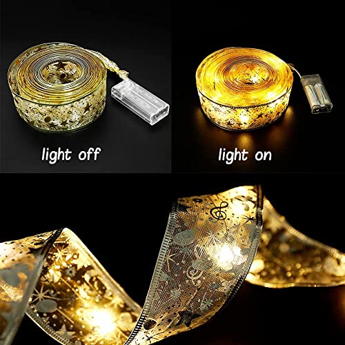 GIHOO Christmas Tree Decorations String Lights 32ft 100 LED Lights Copper Wire Ribbon Bows Lights for Party Weddings Holiday Christmas Tree Decorations (Gold Warm Light Battery Powered)