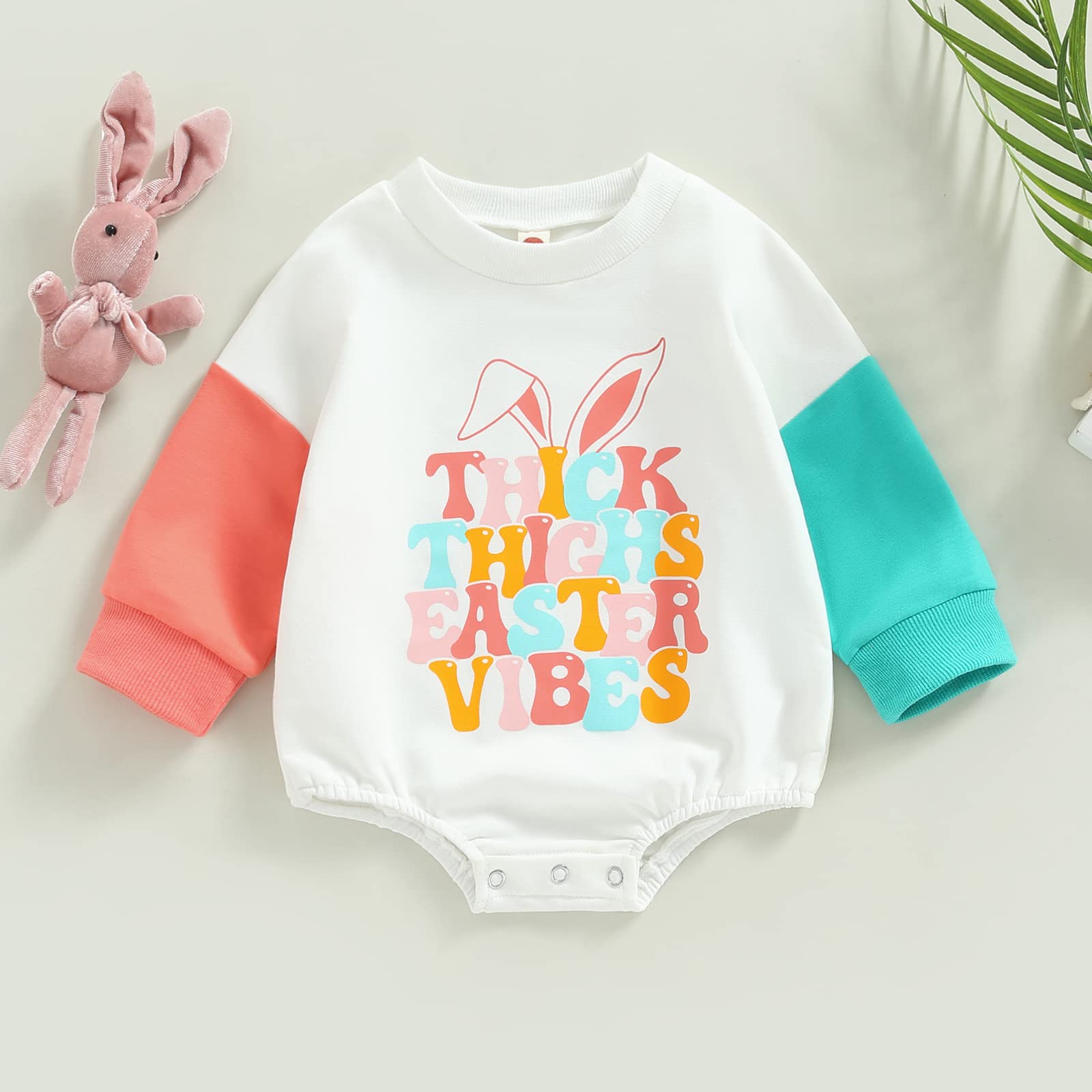 Chloefairy Baby Girl Boy Easter Outfit Crewneck Sweatshirt Bubble Romper Thick Thighs Easter Vibes Onesie Baby Bunny Outfit (White-Easter, 6-12 Months)