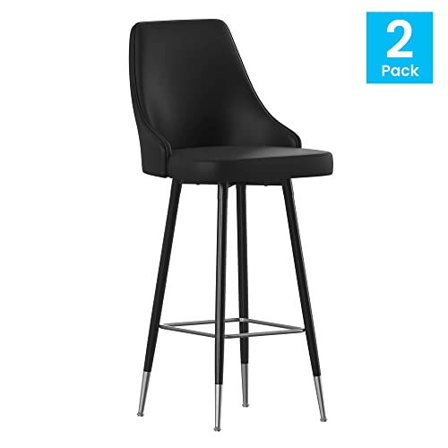 Flash Furniture Shelly Set of 2 Commercial Bar Height Bar Stools - Black LeatherSoft Upholstery - Black Metal Frames - 30" High - Chrome Feet and Footrests