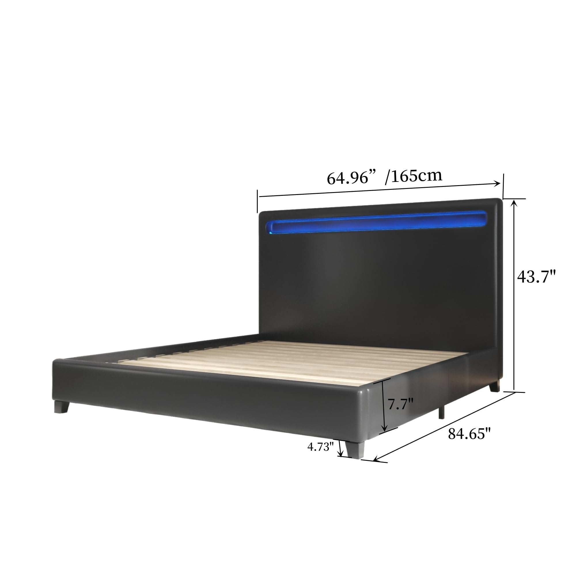 BAOMKONG Queen Size Platform Bed Frame with LED Lighting,Faux Leather Upholstered and Wood Slat Support,No Box Spring Needed, Black