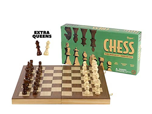 Regal Games 15 Inch Wooden Chess Set - 2 Extra Queens - Folding Board, Portable Chess Board Game Sets with Staunton Game Pieces Storage Slots - Chess Set for Kids and Adults