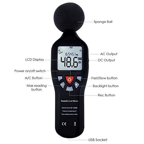 Decibel Meter Digital Sound Level Meter with Data Record Function 30-130dB Range High Accuracy db Meter with LCD Backlight Time Display