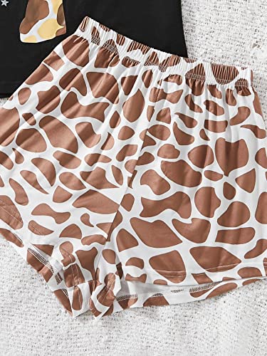 DIDK Women's Cartoon Graphic Print Tee and Shorts Two Pieces PJ Pajama Set Giraffe Black XS
