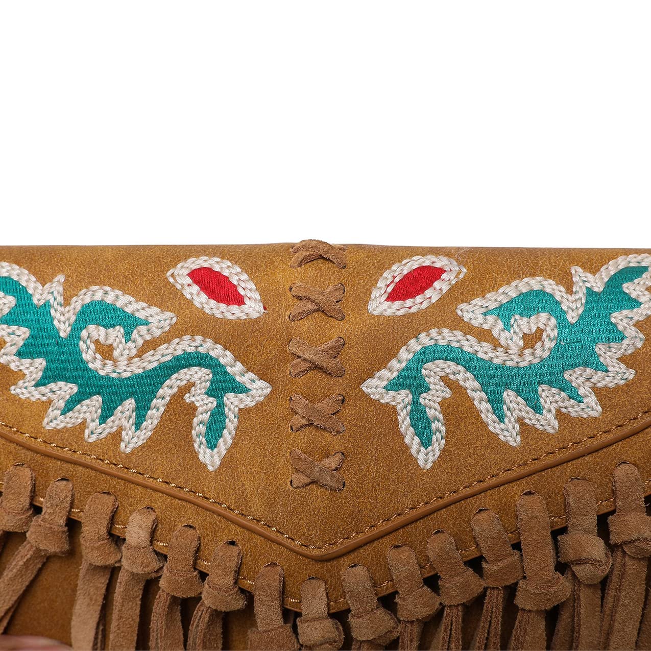 Montana West Handcrafted Leather 4 in 1 Bundle Clutch Crossbody Biker Bag w Fringe & Coin Key Fob (Tan with Antiqued Concho)